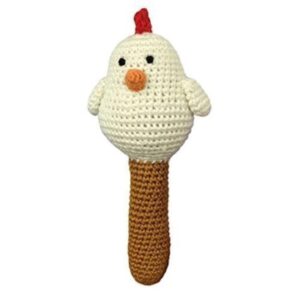 cheengoo organic crocheted white hen stick rattle