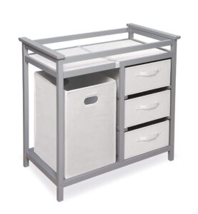 badger basket modern baby changing table with laundry hamper, 3 storage drawers and pad, diaper change station - gray/white