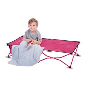 joovy foocot travel cot featuring a steel frame and tough polyester fabric, storage pocket, and easily folds into included travel bag – holds kids up to 48” tall or 75 lbs (pink)