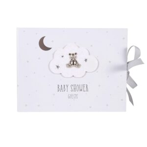 happy homewares beautiful ivory white baby shower guest book with silver plated teddy bear and stars | 40 lined sheets | luxurious grey fabric ribbon