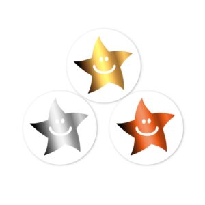 10mm mixed pack smiley star metallic stickers, pack of 1080: 360 gold, 360 silver and 360 bronze