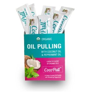 cocopull - organic oil pulling 14 packets/sachets with coconut and peppermint oil for healthy teeth, gums, bad breath remedy. natural teeth whitening.