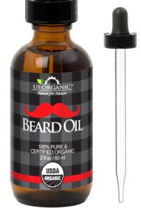 us organic beard oil, 100% pure, usda certified, softens, shine, moisturizes, amber glass bottle with eye dropper, 2 ounce