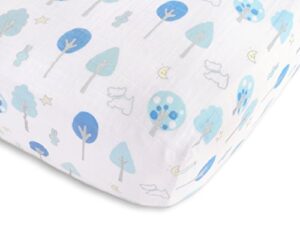 swaddledesigns softest cotton muslin fitted crib sheet/toddler sheet for baby boy & girl, blue forest