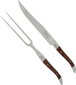 french home laguiole carving knife and fork set - stainless steel knife & carving fork cutlery set with pakkawood handles, etched detailing & iconic bee emblem