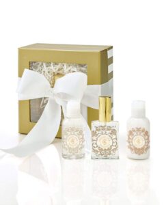 shelley kyle signature mini gift set, includes travel size perfume, lotion, and shower gel, packaged in beautiful cream and gold gift box with ribbon