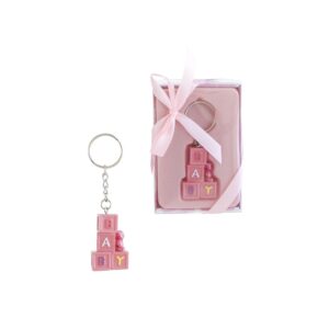 lunaura baby keepsake - set of 12 "girl" teddy bear sitting on baby blocks key chain favors - pink