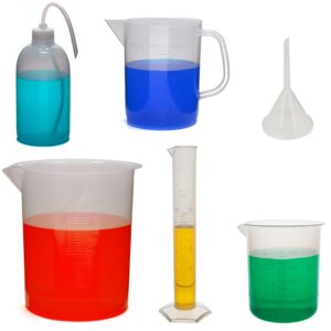 laboratory plastic bath kit for future scientists - measure, squirt, and pour (beakers, wash bottle, cylinder, funnel)