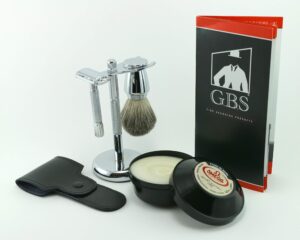 g.b.s men's wet shaving holiday kit, classy butterfly non-slip knurled de safety razor with case, omega cream, blades, shaving brush and razor stand