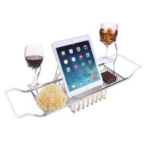 ipegtop stainless steel bathtub caddy tray - over bath tub racks shower organizer with extending sides, removable wine glass book holder