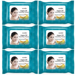 epielle argan oil makeup remover cleansing wipes tissue | gentle for all skin types | daily facial cleansing towelettes | removes dirt, oil, makeup (pack of 6)