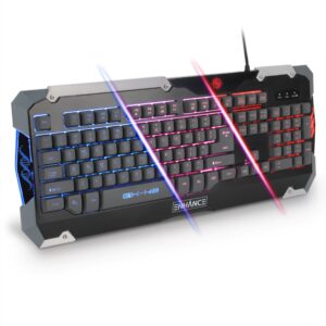 enhance gx-k2 gaming keyboard with 104 hybrid mechanical feel keys, led backlit, & braided cable - 3 color selection, multimedia shortcuts, & plug & play usb connection - pathogen series