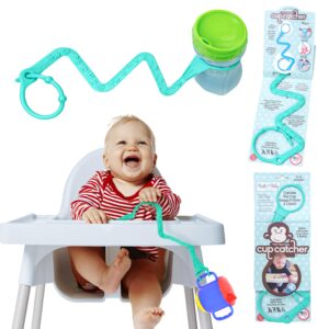 brilli baby cup catcher patented safety tether strap, attach sippy cups, bottles, toys, pacifiers to stroller, high chair, car seat, made in usa, food grade, dishwasher safe (aqua)