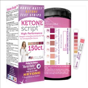 nurse hatty - 150 ketone test strips w built-in color chart – free keto guide ebook & free app - made-in-the-usa - urine test for ketogenic, ketosis, low carb, atkins & paleo diets - extra long strips