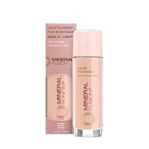 mineral fusion full coverage foundation, liquid foundation - cool 2- light complexion w/cool undertones, lightweight matte finish, up to 12 hr hydration, hypoallergenic & vegan, 1 fl. oz