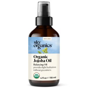 sky organics organic jojoba oil for face, balancing oil for light hydration & helps reduce excess oiliness, suitable for oily, combination and blemish-prone skin, 100% pure & cold-pressed, 4 fl. oz with ebook