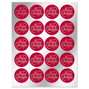 foil merry christmas sticker seals - set of 40, 2 sheets, 1-3/4 inch round holiday red & silver envelope seals for cards, packages