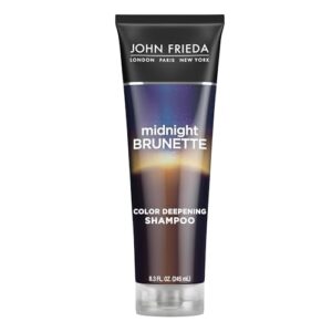 john frieda midnight brunette shampoo, color deepening shampoo to enhance and refresh brunette tones, cocoa and primrose oil-infused shampoo to revive brunette color, 8.3 oz