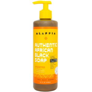 alaffia skin care, authentic african black soap, all in one liquid soap, moisturizing face wash, sensitive skin body wash, shampoo, shaving soap, shea butter, unscented, 16 fl oz