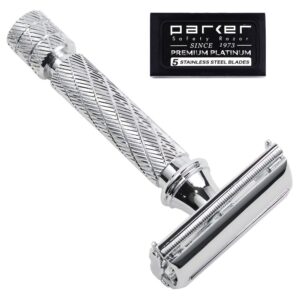 parker 87r chrome standard length handle butterfly open double edge safety razor for men, 5 parker double edge razor blades included