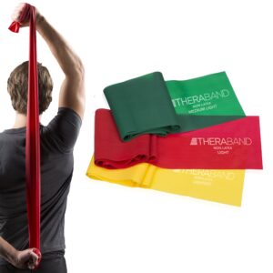 theraband resistance bands set, professional elastic band for upper & lower body exercise, strength training without weights, physical therapy, pilates, rehab, yellow & red & green, beginner