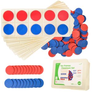 edxeducation ten frame classroom set - math manipulatives for kids - 16 plastic ten frames - 160 counters - classroom math supplies