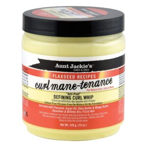 aunt jackie's flaxseed recipes curl mane-tenance, lightwieght anti-poof defining curl whip, enriched with flaxseed, argan oil and shea butter, great for dry and frizzy hair, 15 oz jar, orange