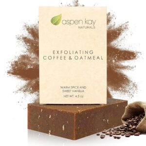 aspen kay naturals coffee & oatmeal exfoliating soap, natural and organic ingredients. a wonderful exfoliating body soap, for men & women. gmo free. 4.5 oz bar (1 pack)