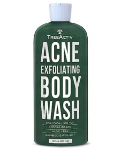 treeactiv acne exfoliating body wash, 8oz, foam cleanser for all skin types, sulfur, aloe vera, jojoba beads