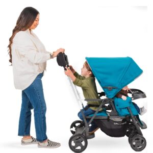 joovy caboose ultralight sit and stand double stroller with rear bench and standing platform, 3-way reclining seats, optional rear seat, and universal car seat adapter (turq)