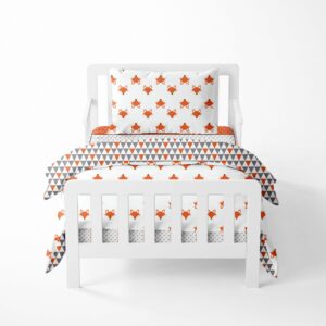 bacati playful foxs 4 piece neutral toddler bedding set, orange/grey 100 percent cotton includes reversible comforter, fitted sheet, top sheet, and pillow case for boys/girls