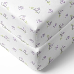 bacati - happy monkeys 2 pack essentials classic super soft breathable 100% cotton muslin baby crib fitted sheets - fits standard 28 x 52 x 5 crib & toddler mattresses (lilac/grey girls)