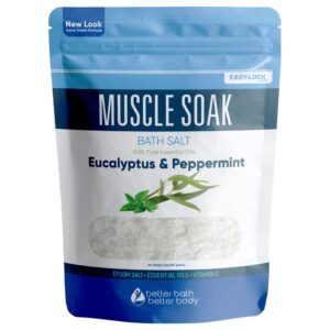 muscle soak bath salt 32 ounces epsom salt with natural peppermint and eucalyptus essential oils plus vitamin c in bpa free pouch with easy press-lock seal