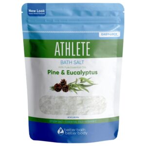 athlete bath salt 32 ounces epsom salt with natural lavender, pine, peppermint and eucalyptus essential oils plus vitamin c in bpa free pouch with easy press-lock seal