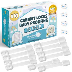 booboo® (10 pack) premium cabinet locks baby proofing, child proof cabinet locks, cupboard locks for children with 3m adhesive + 4 extra stickers