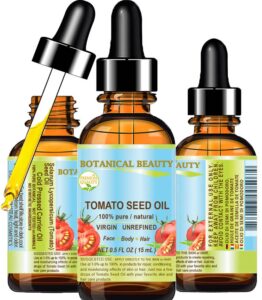 tomato seed oil 100% pure natural virgin unrefined cold-pressed carrier oil 0.5 fl oz 15 ml for face, skin, body, hair, lip, nails. rich in vitamin e, lycopene by botanical beauty