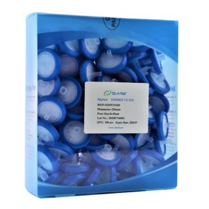 simsii syringe filter, nylon membrane, non sterile lab disc, diameter 25 mm, micron pore size 0.45 um, disc shape blue corded, pack of 100