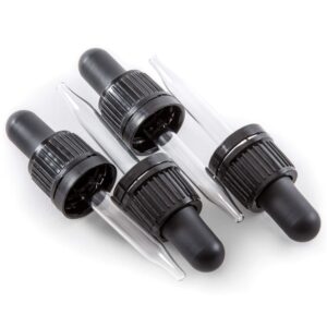 plant therapy glass droppers, 4 pack | use with 10 ml essential oil bottle | black bulb polypropylene plastic cap with straight glass pipette dropper, tamper evident seal