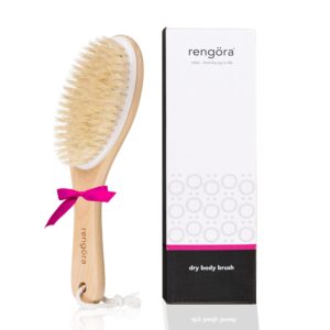 exfoliating back scrubber for shower, dual-use body scrubber for wet/dry exfoliation, dry brushing body brush for lymphatic drainage, natural boar bristles, ergonomic handle cellulite brush by rengöra