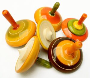 lot of 6 pcs handmade painted wood spinning tops wooden toys vintage india craft by azkrafts