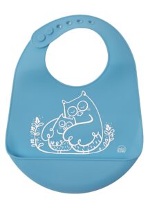 modern-twist bucket-bib 100% food-grade silicone, waterproof and reusable, owls – electric blue