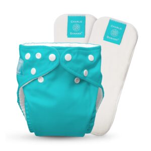 charlie banana baby fleece reusable and washable cloth diaper system, 1 diaper and 2 inserts, one size, fluorescent turquiose