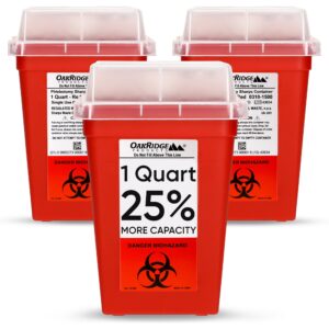 oakridge products sharps container for home use and professional 1 quart (3-pack), biohazard needle and syringe disposal, small portable container for travel, cdc certified