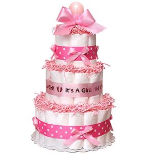 classic pink baby shower diaper cake (3 tier), pink baby girl diaper cake - girl diaper cake, pink diaper cake, it's a girl diaper cake, baby shower centerpiece/new baby gift/welcome baby gift