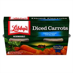 libby's diced carrots | appealingly tender | faintly sweet & earthy flavor | vibrant orange slices | farm fresh goodness | no preservatives | six 4-pack sleeves of 4.0 oz cups (24 cups total)