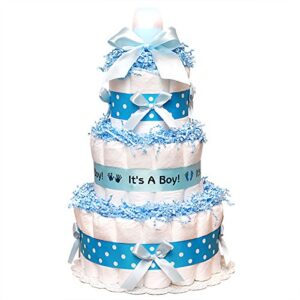 classic blue baby shower diaper cake (3 tier), blue baby boy diaper cake - boy diaper cake, blue diaper cake,it's aboy diaper cake, baby shower centerpiece/ new baby gift/ welcome baby gift