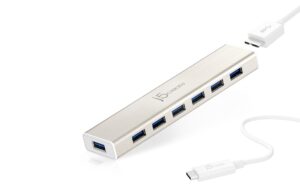 j5create usb type-c to 7-port usb 3.0 data hub with 3 ft extended cale [20w power adapter included] for mac, macbook, windows, laptop, surface, xps, chromebook, pc (jch377)