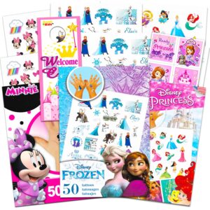 disney tattoos party favor set for girls - 150 temporary tattoos featuring minnie mouse, disney princess and frozen with stickers and door hanger (6 tattoo sheets)