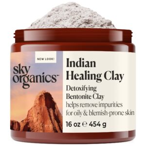 sky organics - indian healing clay, 16 oz - detoxifying bentonite clay powder - exfoliating face mask - pore cleaner - combination & oily skin - natural, vegan & cruelty free - skin care