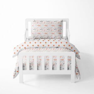 bacati - muslin 4 piece boys toddler bedding set 100 percent cotton includes reversible comforter, fitted sheet, flat sheet, and pillow case (basketball orange/grey)